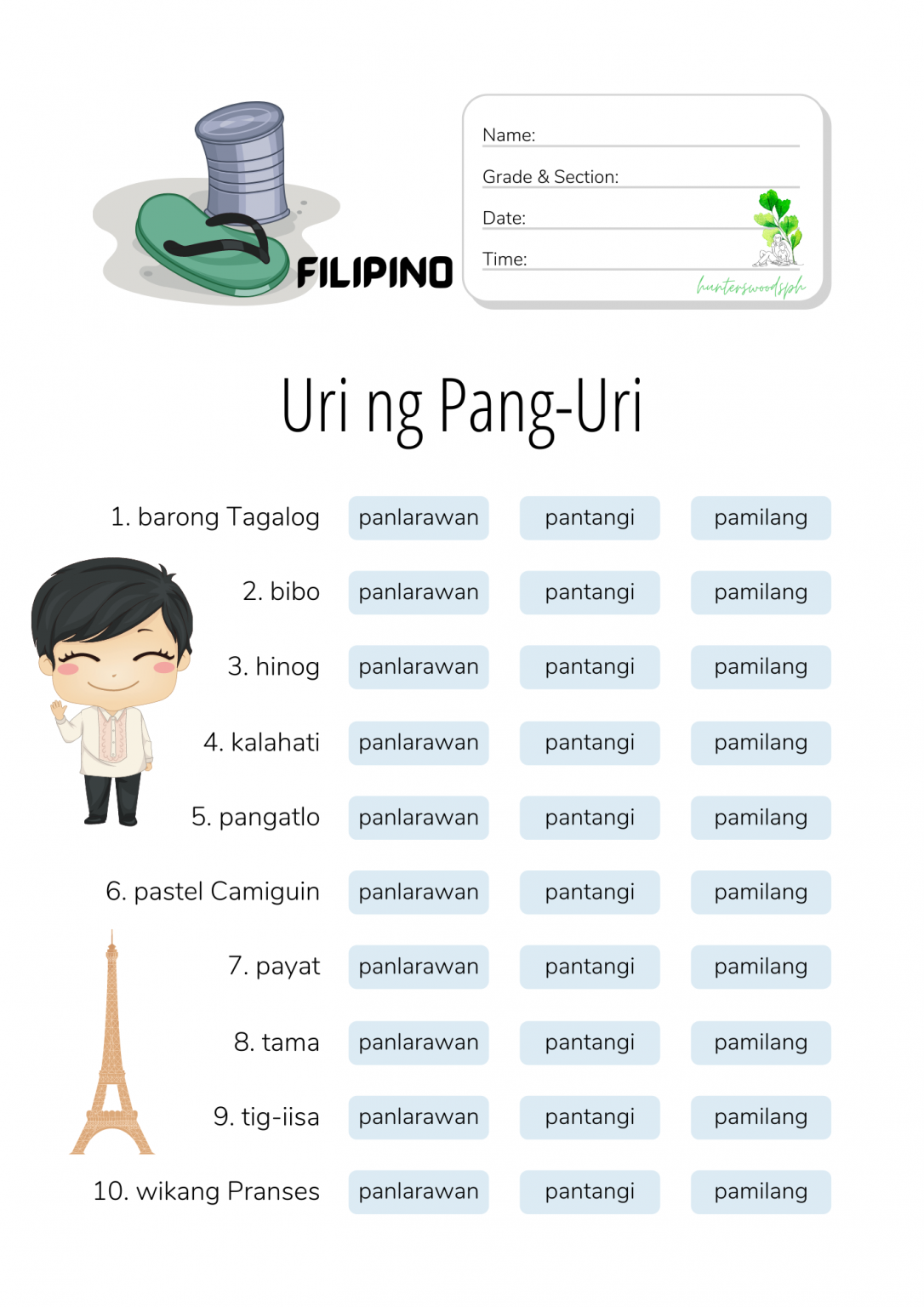Mga Uri ng Pang-uri - HuntersWoodsPH Filipino Worksheets